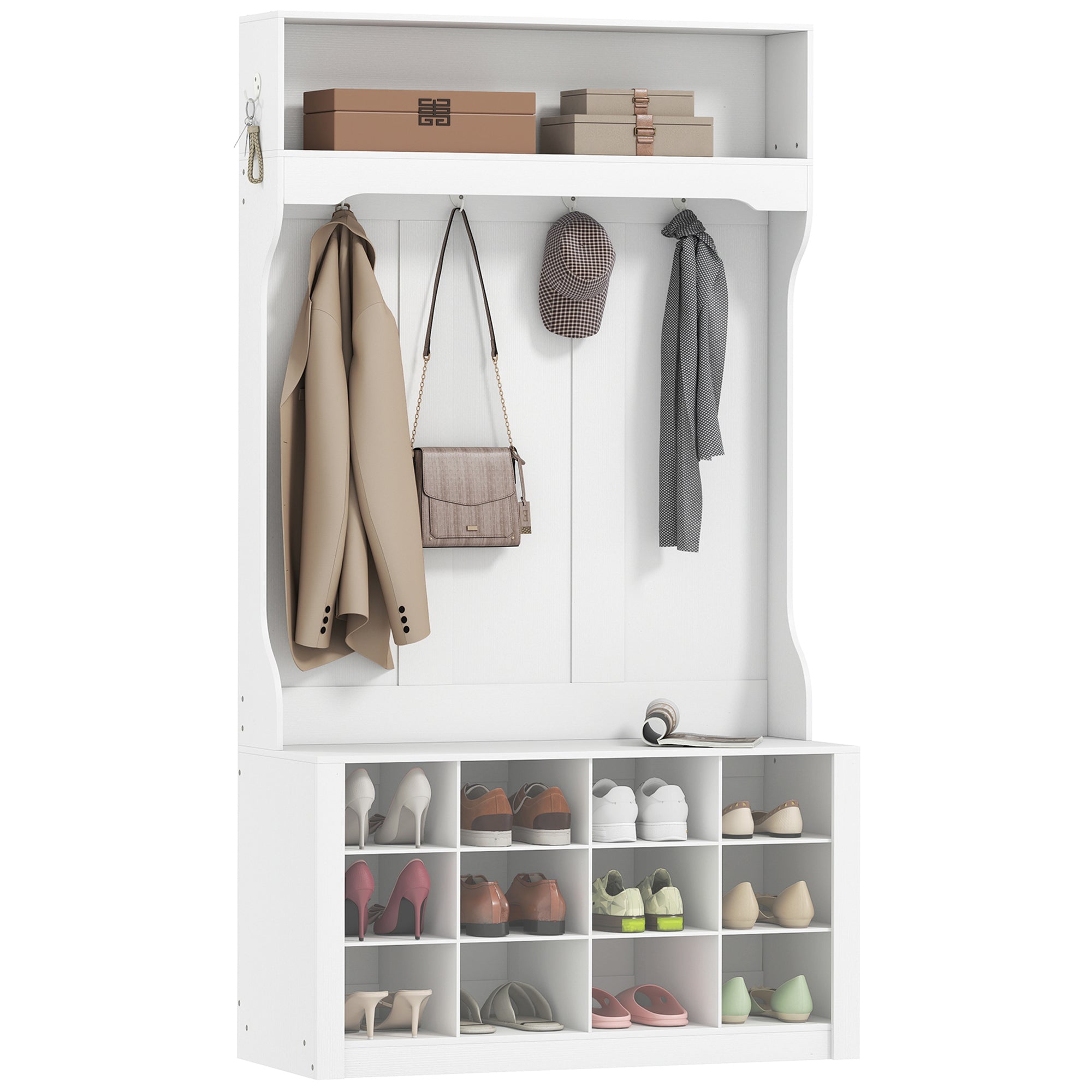 Atlanta 4-in-1 Hall Tree with 6-Hooks, Shelf, Bench and 12-Pair Shoe C