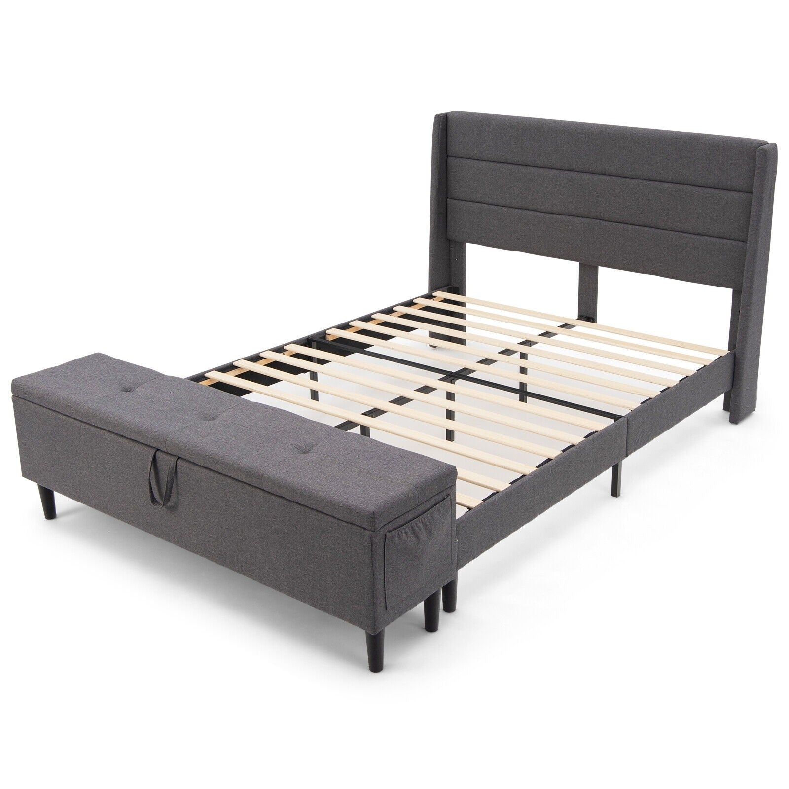 Karson Queen Size Grey Upholstered Platform Bed with Storage Bench